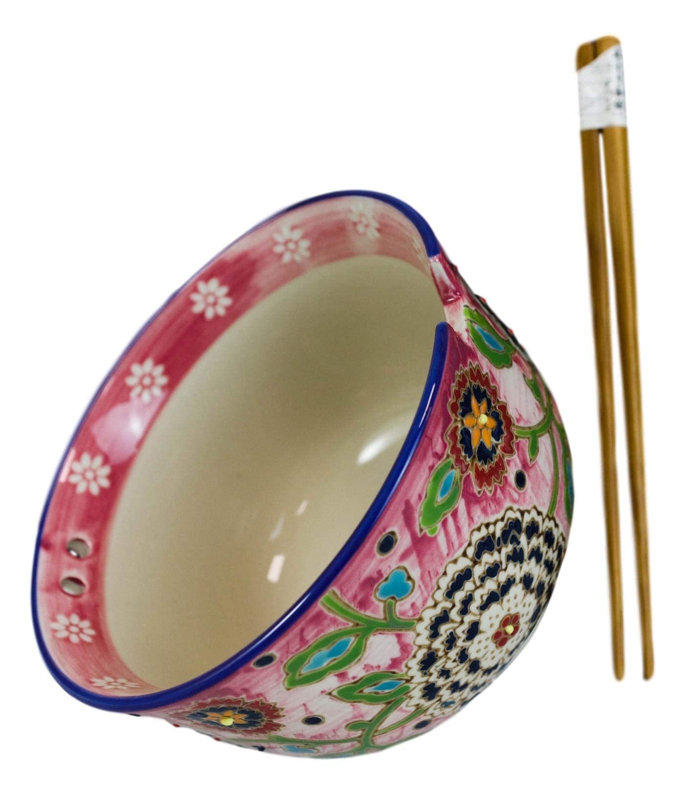 Ebros Mandala Floral Blooms With Pink Polkadot Art Splash Ramen Udon Noodles Large 6.25" Diameter Soup Bowl With Built In Rest and Bamboo Chopsticks Set for Rice Pasta Salad