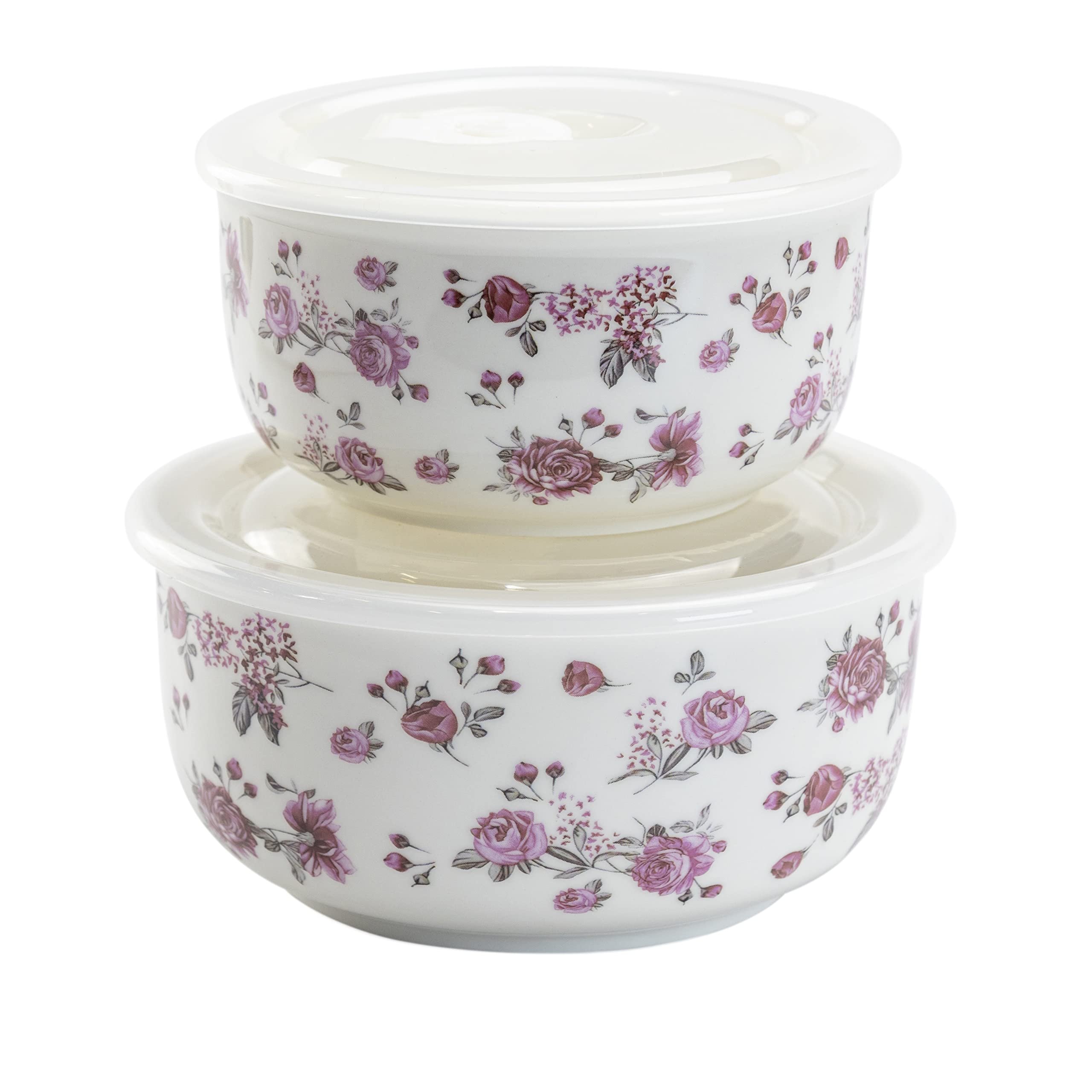 Grace Teaware Pantry Porcelain Storage Bowls With Vented Lids, Large and Medium 2-Piece Set, (Scatter Floral)