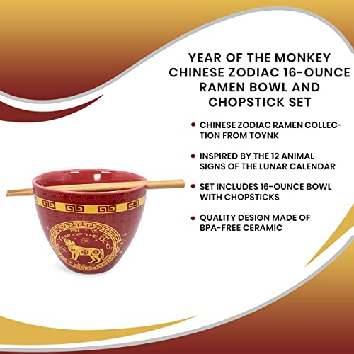 Boom Trendz Year Of The Monkey Chinese Zodiac Ceramic Dinnerware Set | Includes 16-Ounce Ramen Noodle Bowl and Wooden Chopsticks Asian Food Dish For Home & Kitchen Kawaii Lunar New Gifts red One Size