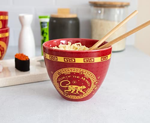 Boom Trendz Year Of The Monkey Chinese Zodiac Ceramic Dinnerware Set | Includes 16-Ounce Ramen Noodle Bowl and Wooden Chopsticks Asian Food Dish For Home & Kitchen Kawaii Lunar New Gifts red One Size