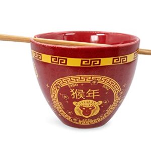 Boom Trendz Year Of The Monkey Chinese Zodiac Ceramic Dinnerware Set | Includes 16-Ounce Ramen Noodle Bowl and Wooden Chopsticks Asian Food Dish For Home & Kitchen Kawaii Lunar New Gifts red One Size