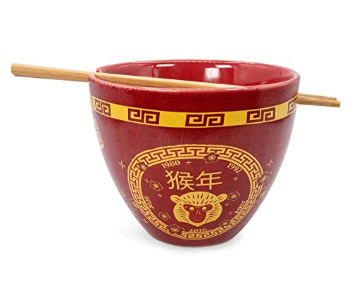 Boom Trendz Year Of The Monkey Chinese Zodiac Ceramic Dinnerware Set | Includes 16-Ounce Ramen Noodle Bowl and Wooden Chopsticks Asian Food Dish For Home & Kitchen Kawaii Lunar New Gifts red One Size