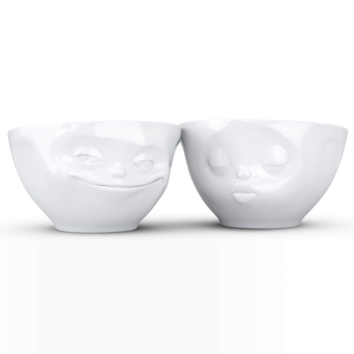 FIFTYEIGHT PRODUCTS TASSEN Medium Porcelain Bowl Set No. 1, Grinning & Kissing Face, 6.5 oz. White (Set of 2 Bowls)