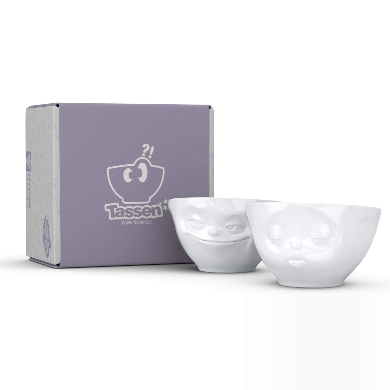 FIFTYEIGHT PRODUCTS TASSEN Medium Porcelain Bowl Set No. 1, Grinning & Kissing Face, 6.5 oz. White (Set of 2 Bowls)