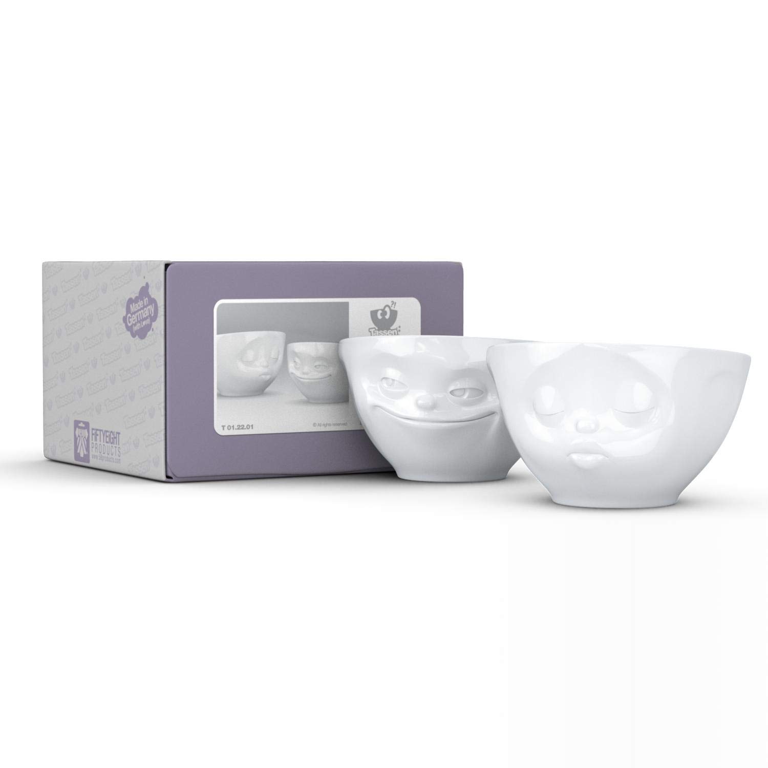 FIFTYEIGHT PRODUCTS TASSEN Medium Porcelain Bowl Set No. 1, Grinning & Kissing Face, 6.5 oz. White (Set of 2 Bowls)