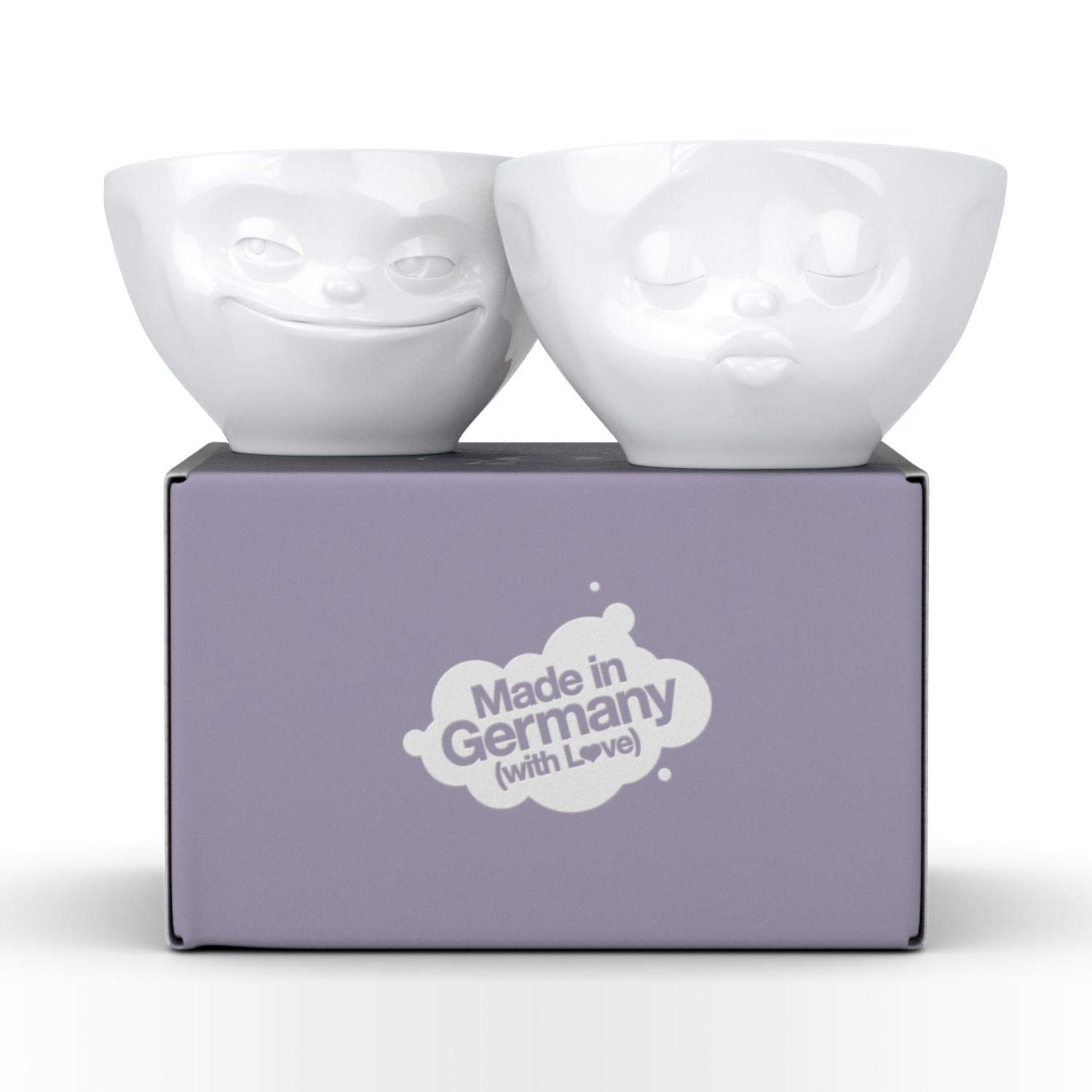 FIFTYEIGHT PRODUCTS TASSEN Medium Porcelain Bowl Set No. 1, Grinning & Kissing Face, 6.5 oz. White (Set of 2 Bowls)