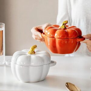 FYUEROPA Pumpkin Bowl Set with Lid and Handle, 14 Oz Ceramic Ramekins for Baking, Casserole Dish Individual Severing Pot, Stoneware, Oven Safe, Set of 2 (Orange)