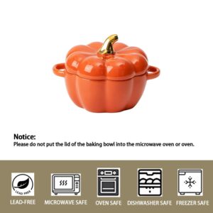 FYUEROPA Pumpkin Bowl Set with Lid and Handle, 14 Oz Ceramic Ramekins for Baking, Casserole Dish Individual Severing Pot, Stoneware, Oven Safe, Set of 2 (Orange)