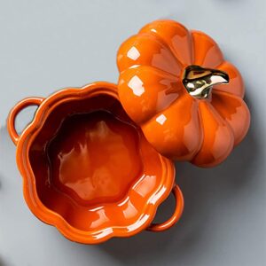 FYUEROPA Pumpkin Bowl Set with Lid and Handle, 14 Oz Ceramic Ramekins for Baking, Casserole Dish Individual Severing Pot, Stoneware, Oven Safe, Set of 2 (Orange)