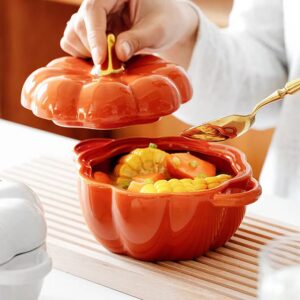 FYUEROPA Pumpkin Bowl Set with Lid and Handle, 14 Oz Ceramic Ramekins for Baking, Casserole Dish Individual Severing Pot, Stoneware, Oven Safe, Set of 2 (Orange)