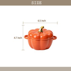 FYUEROPA Pumpkin Bowl Set with Lid and Handle, 14 Oz Ceramic Ramekins for Baking, Casserole Dish Individual Severing Pot, Stoneware, Oven Safe, Set of 2 (Orange)