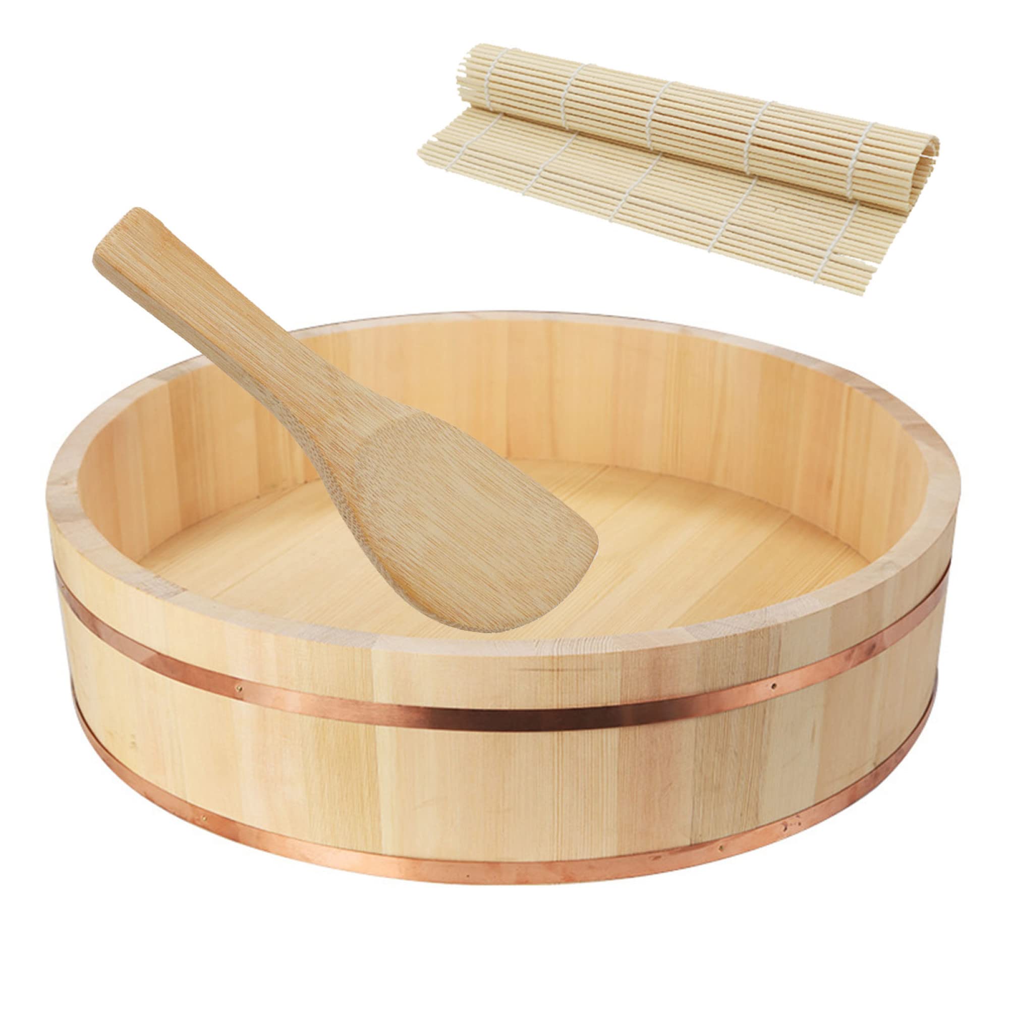 Round Hangiri Wooden Sushi Rice Bowl, Sushi Oke Rice Mixing Tub with Copper Bands, Japanese-Style Cooling Bowl Bucket for Make Sushi and Mix Sushi Rice(Free Wooden Spoon+Roll Mat) / 50cm