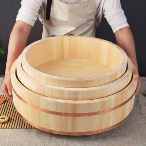 Round Hangiri Wooden Sushi Rice Bowl, Sushi Oke Rice Mixing Tub with Copper Bands, Japanese-Style Cooling Bowl Bucket for Make Sushi and Mix Sushi Rice(Free Wooden Spoon+Roll Mat) / 50cm