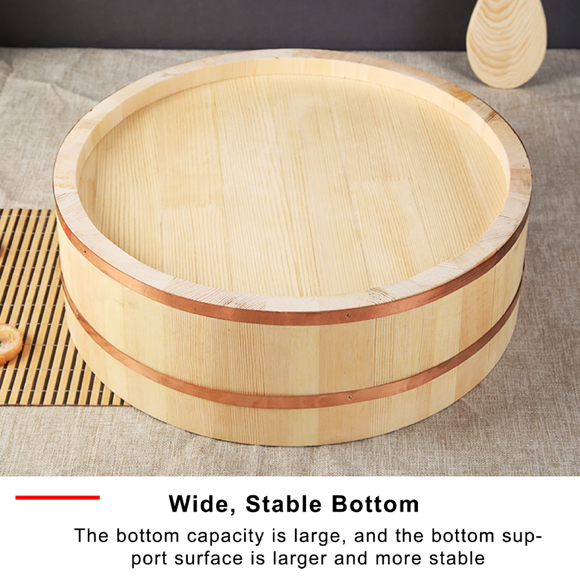 Round Hangiri Wooden Sushi Rice Bowl, Sushi Oke Rice Mixing Tub with Copper Bands, Japanese-Style Cooling Bowl Bucket for Make Sushi and Mix Sushi Rice(Free Wooden Spoon+Roll Mat) / 50cm