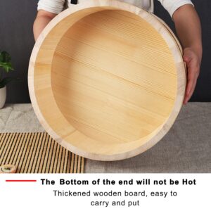 Round Hangiri Wooden Sushi Rice Bowl, Sushi Oke Rice Mixing Tub with Copper Bands, Japanese-Style Cooling Bowl Bucket for Make Sushi and Mix Sushi Rice(Free Wooden Spoon+Roll Mat) / 50cm