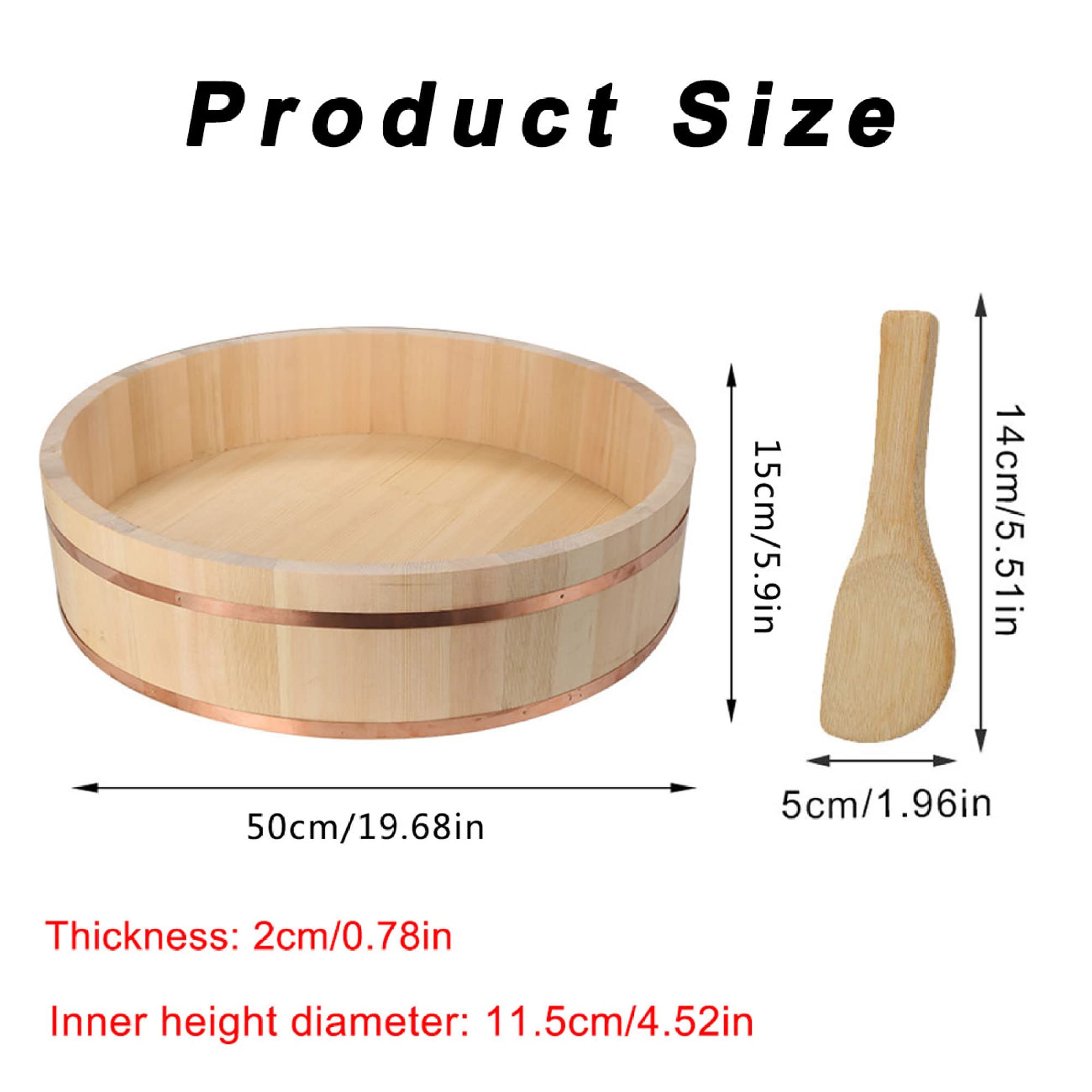 Round Hangiri Wooden Sushi Rice Bowl, Sushi Oke Rice Mixing Tub with Copper Bands, Japanese-Style Cooling Bowl Bucket for Make Sushi and Mix Sushi Rice(Free Wooden Spoon+Roll Mat) / 50cm