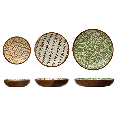 Creative Co-Op Enameled Acacia Wood Print, Set of 3 Bowl, Multi Color, 3