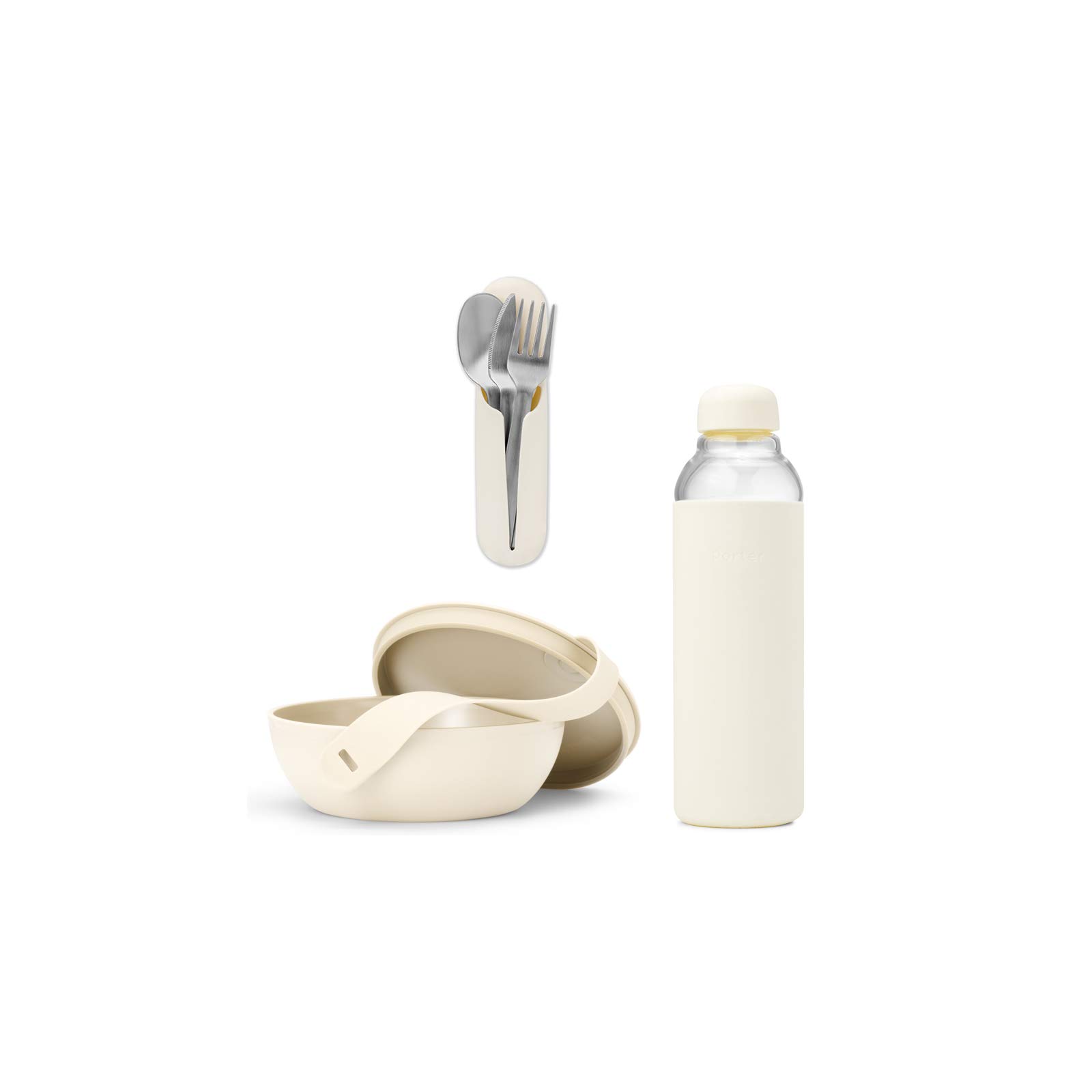 W&P Porter Silicone Sleeve Bundle Collection - Water Bottle, Plastic Bowl, and Utensil Set - BPA-Free Plastic, Dishwasher Safe, Portable, Travel Set (Cream)