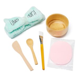 bamboo face mask mixing bowl set diy tools set skin care eco friendly wooden set, 6 in 1 set bowl,spatula,spoon,brush,headband washable sponge green headband set (green headband)