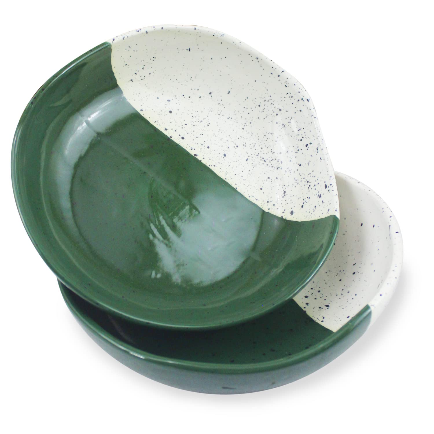 roro Handmade Ceramic Stoneware Divided Bowls - Green & Ivory White Speckled - Set of 2-7.5 Inches - Artistic Tableware for Dining - Lead-Free, Cadmium-Free