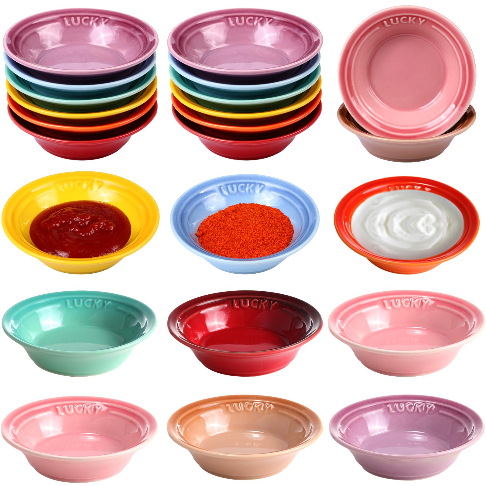 Ramede 24 Pcs Ceramic Dipping Bowls 3.5 oz Soy Sauce Dishes Terracotta Pinch Bowl Small Condiments Server Dish for Cooking Prep, Sushi, Sauce, Snack, Tea Bags and Soy, 8 Colors