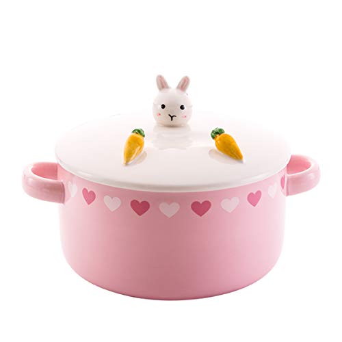 UPSTYLE Cute Ceramic Bowl with Lid and Handle for Soup/Rice/Salad/Instant/Noodle/Vegetables/Fruit (Pink, Rabbit)