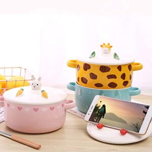 UPSTYLE Cute Ceramic Bowl with Lid and Handle for Soup/Rice/Salad/Instant/Noodle/Vegetables/Fruit (Pink, Rabbit)