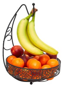 totally kitchen fruit basket with banana tree hanger | round metal fruit storage bowl | matte black