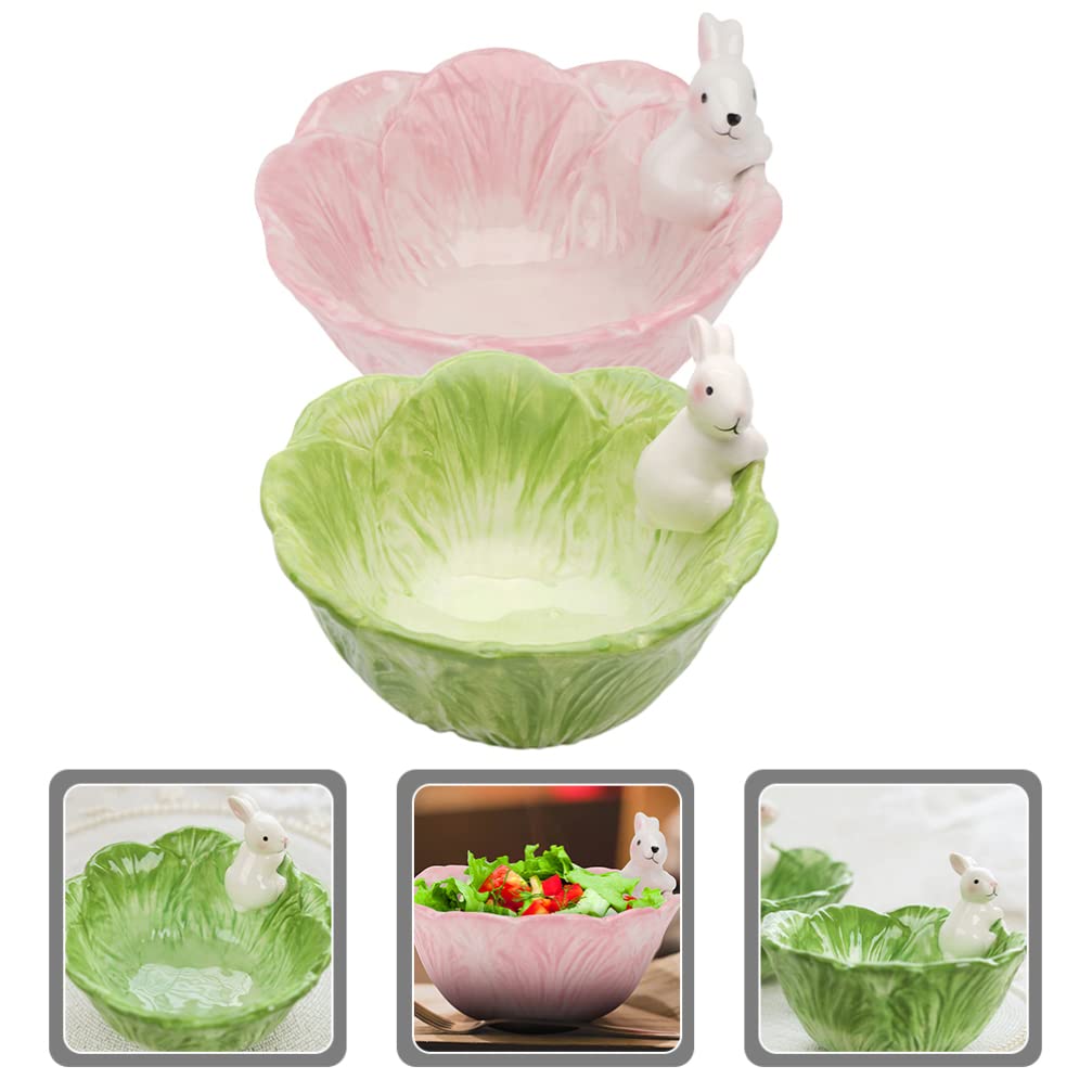 Yardwe Fruit Bowl Cute Cereal Bowls Cartoon Cabbage with Rabbit Shaped Ceramic Bowls 2pcs Rice Bowls Salad Bowls Soup Bowls Small Serving Bowls for Easter Party Table Decor