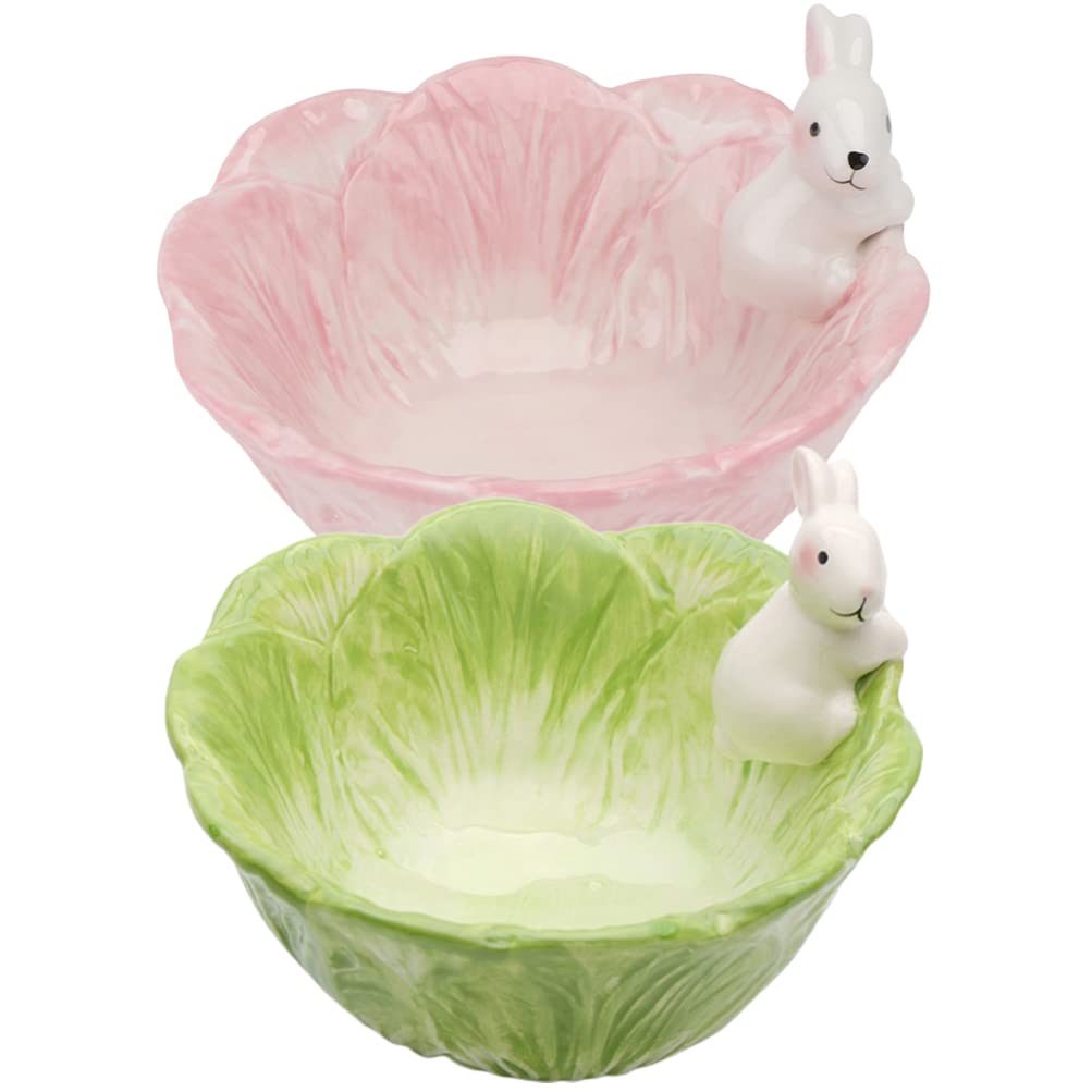 Yardwe Fruit Bowl Cute Cereal Bowls Cartoon Cabbage with Rabbit Shaped Ceramic Bowls 2pcs Rice Bowls Salad Bowls Soup Bowls Small Serving Bowls for Easter Party Table Decor