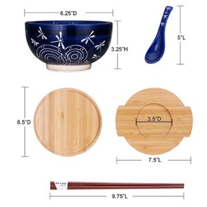 Ceramic Japanese Bowl with Soup Spoon, Noodle Chopsticks, Bamboo Lid and Trivet, Vintage Inspired Kitchenware, 5 Piece Set