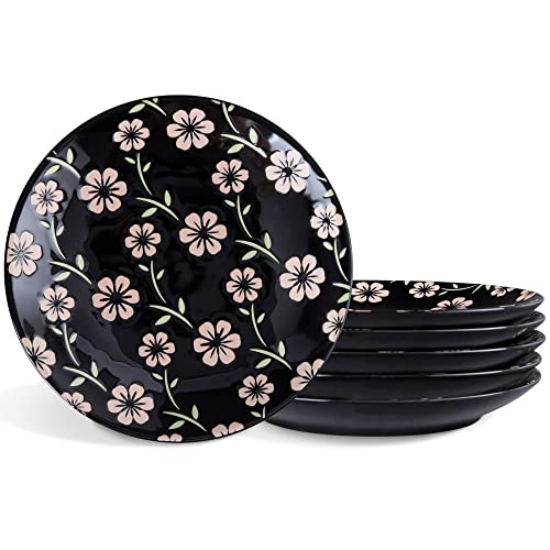 fanquare 8 Inch Japanese Dessert Plates Set of 6, Black Porcelain Pasta Bowls Set, Pink Floral Salad Plates for Soup