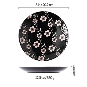 fanquare 8 Inch Japanese Dessert Plates Set of 6, Black Porcelain Pasta Bowls Set, Pink Floral Salad Plates for Soup