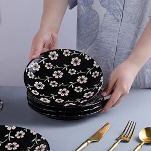 fanquare 8 Inch Japanese Dessert Plates Set of 6, Black Porcelain Pasta Bowls Set, Pink Floral Salad Plates for Soup