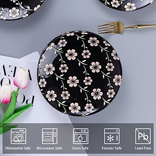 fanquare 8 Inch Japanese Dessert Plates Set of 6, Black Porcelain Pasta Bowls Set, Pink Floral Salad Plates for Soup