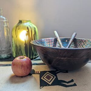 Decorative Wooden Bowl with Server Spoons - Mango Wood Enamel Serving Bowls for Mixing Fruit Salad Pasta Popcorn Cereal Soup 12" Diameter - Large Centerpiece Dish