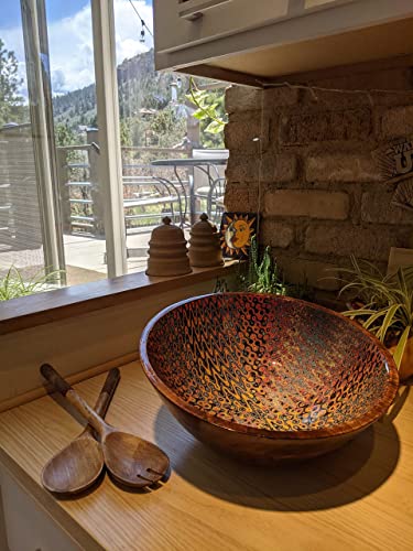 Decorative Wooden Bowl with Server Spoons - Mango Wood Enamel Serving Bowls for Mixing Fruit Salad Pasta Popcorn Cereal Soup 12" Diameter - Large Centerpiece Dish