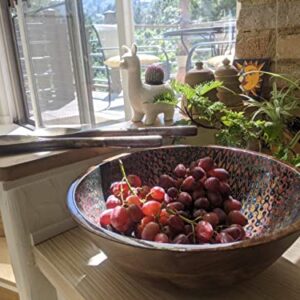 Decorative Wooden Bowl with Server Spoons - Mango Wood Enamel Serving Bowls for Mixing Fruit Salad Pasta Popcorn Cereal Soup 12" Diameter - Large Centerpiece Dish