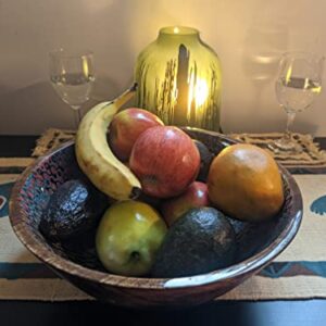 Decorative Wooden Bowl with Server Spoons - Mango Wood Enamel Serving Bowls for Mixing Fruit Salad Pasta Popcorn Cereal Soup 12" Diameter - Large Centerpiece Dish