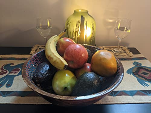 Decorative Wooden Bowl with Server Spoons - Mango Wood Enamel Serving Bowls for Mixing Fruit Salad Pasta Popcorn Cereal Soup 12" Diameter - Large Centerpiece Dish