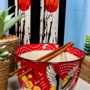 Ebros Gift Red Sky Flying Crane Ramen Udong Noodles 5" Diameter Bowl With Built In Chopsticks Rest and Bamboo Chopstick Set for Dining Soup Rice Meal Cereal Bowls Decor Kitchen Asian Fusion