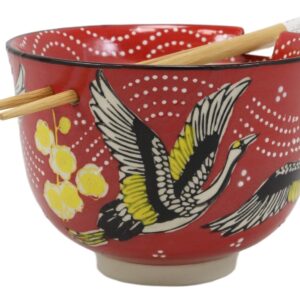 Ebros Gift Red Sky Flying Crane Ramen Udong Noodles 5" Diameter Bowl With Built In Chopsticks Rest and Bamboo Chopstick Set for Dining Soup Rice Meal Cereal Bowls Decor Kitchen Asian Fusion