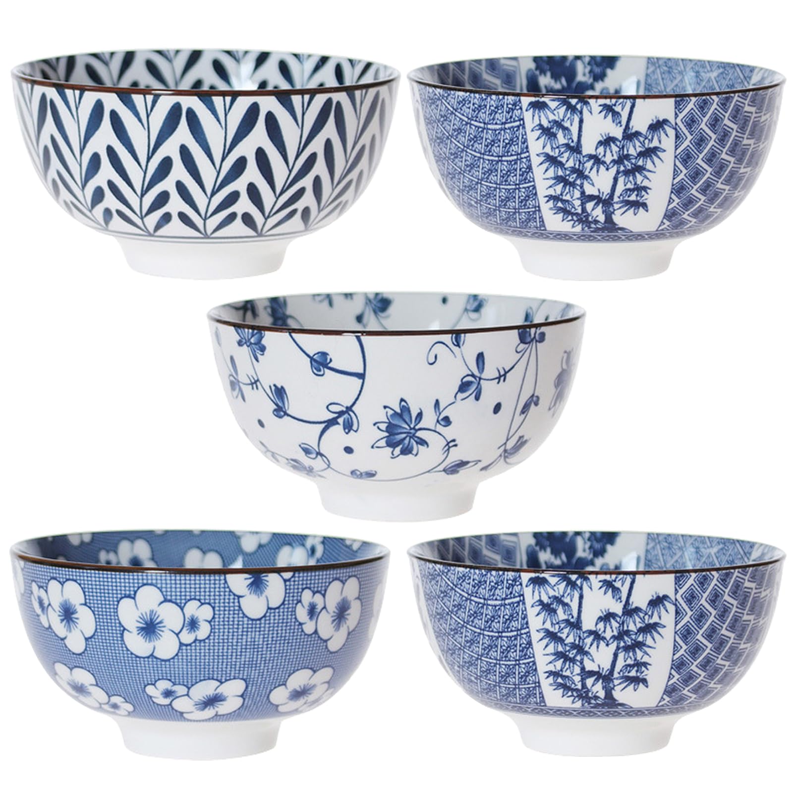 Gegong 5 Pack Ceramic Bowls, Japanese Style Rice Bowls, 24 Ounces Thickening Blue and white porcelain bowls, Cereal Bowls for Kitchen, Suitable for microwave, ovens, dishwashers (mixing)