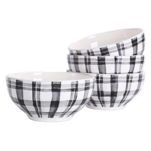 bico black and white plaid ceramic cereal bowls, set of 4, for pasta, salad, cereal, soup & microwave & dishwasher safe