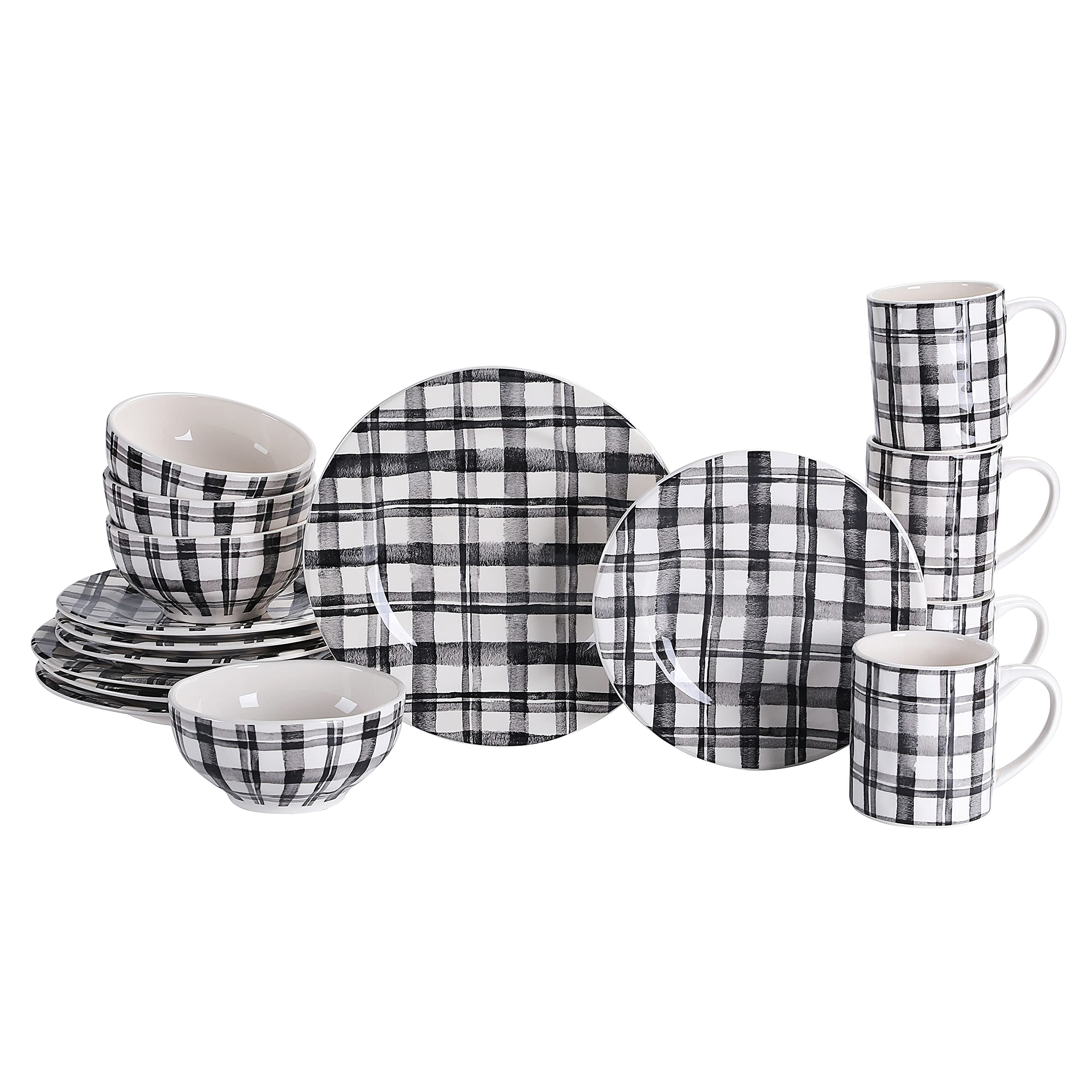 Bico Black and White Plaid Ceramic Cereal Bowls, Set of 4, for Pasta, Salad, Cereal, Soup & Microwave & Dishwasher Safe