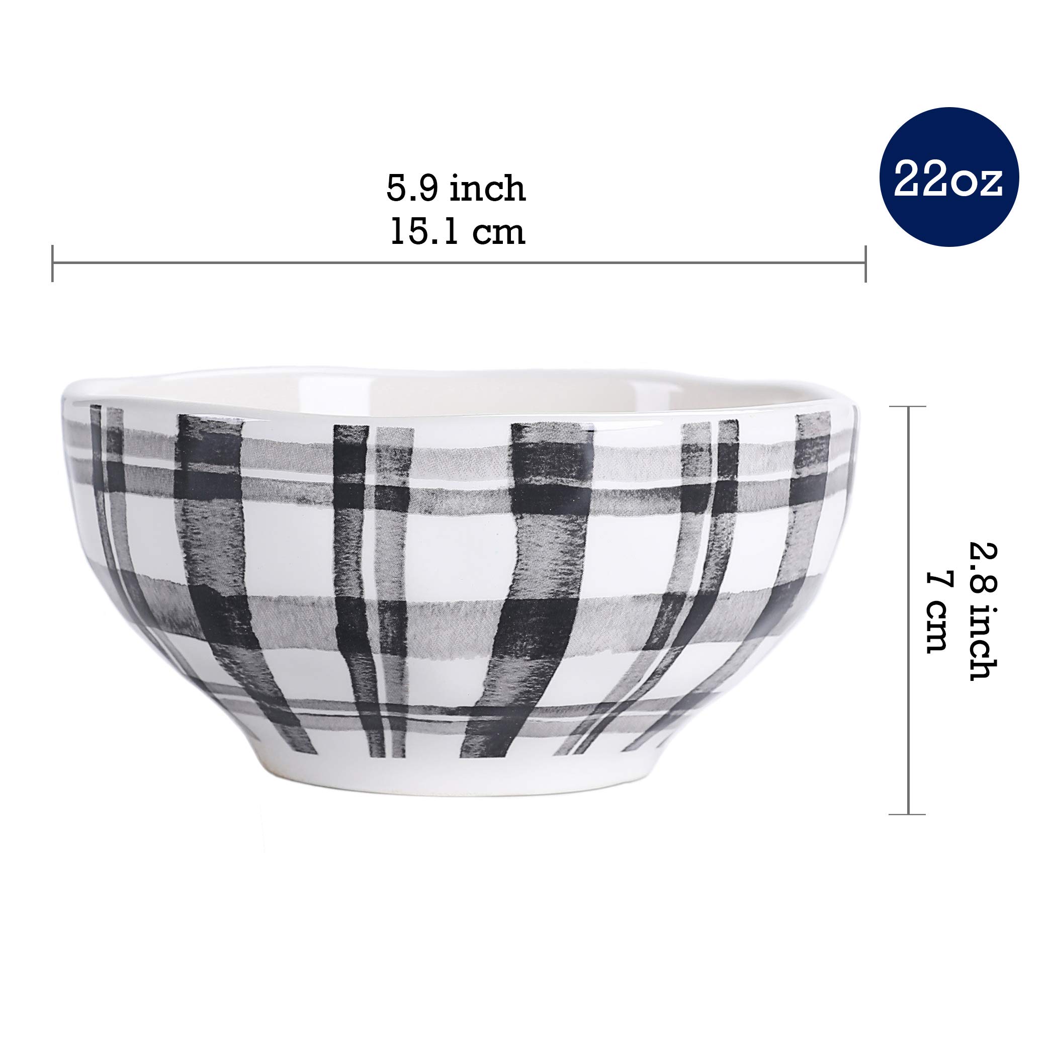 Bico Black and White Plaid Ceramic Cereal Bowls, Set of 4, for Pasta, Salad, Cereal, Soup & Microwave & Dishwasher Safe