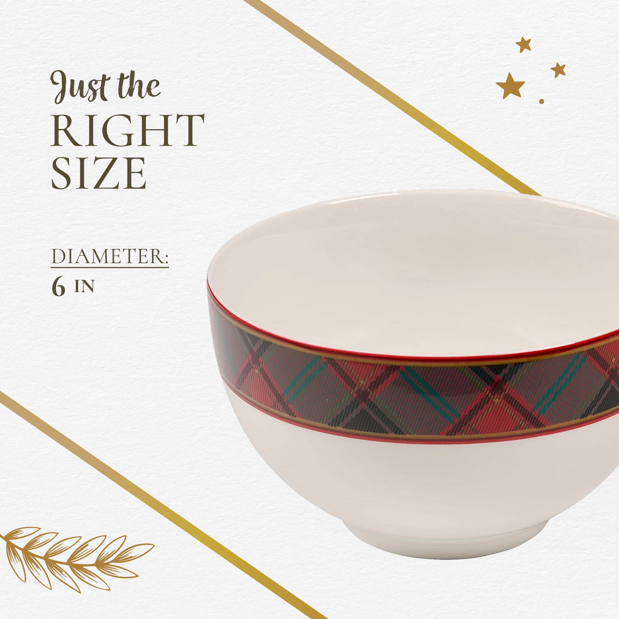 Spode Christmas Tree Tartan Rice Bowl | Soup Bowls for the Holidays | Christmas Kitchen Bowls for Rice, Dessert, & Stews | Noodle Bowls/Rice Bowls | Ceramic Cereal Bowl - 6"