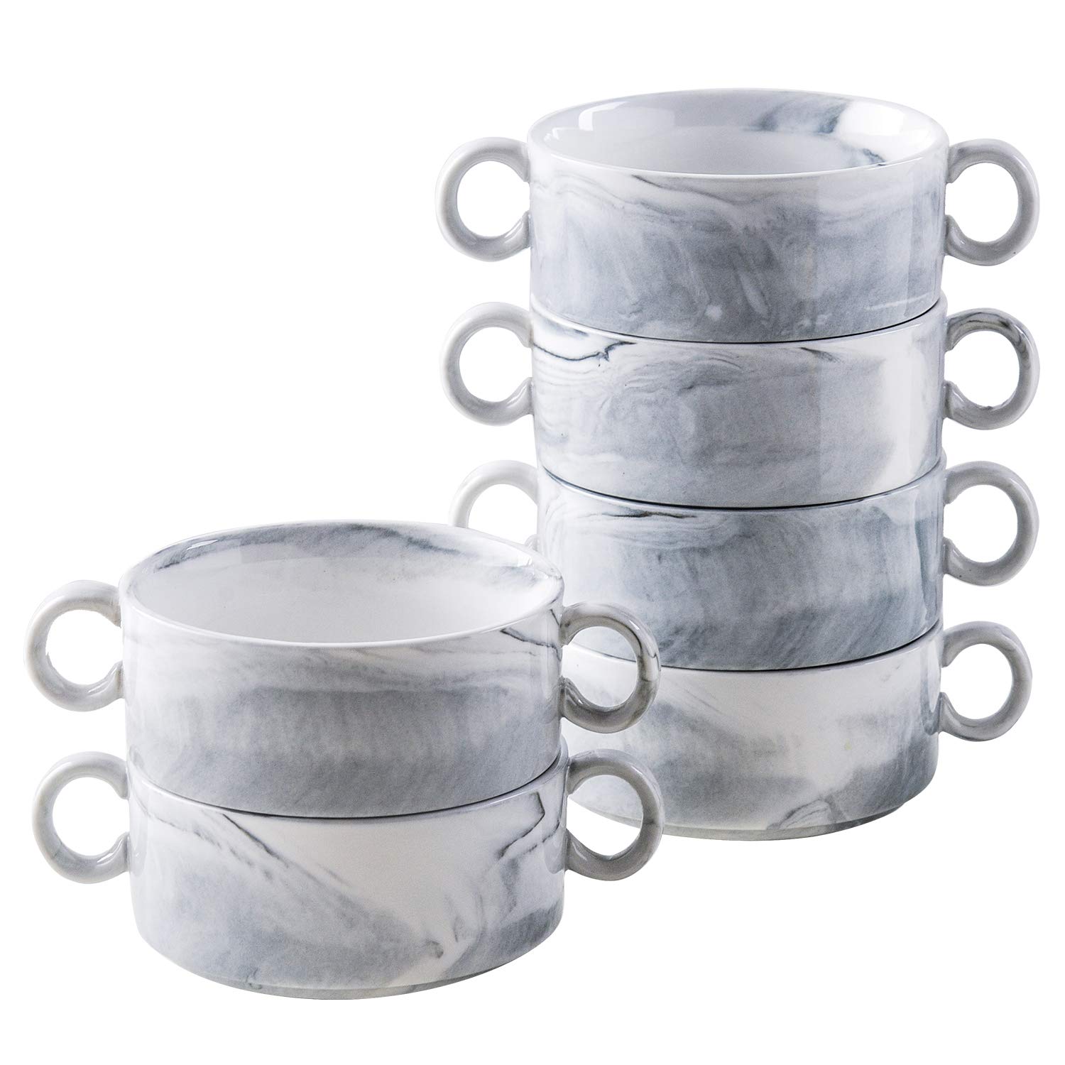 Yundu 9 Ounce Bowls with Handles,Ceramic Bowl for Soup, Souffle, Cereal, Stew, Chill, Ramekins, Set of 6, Grey Marble