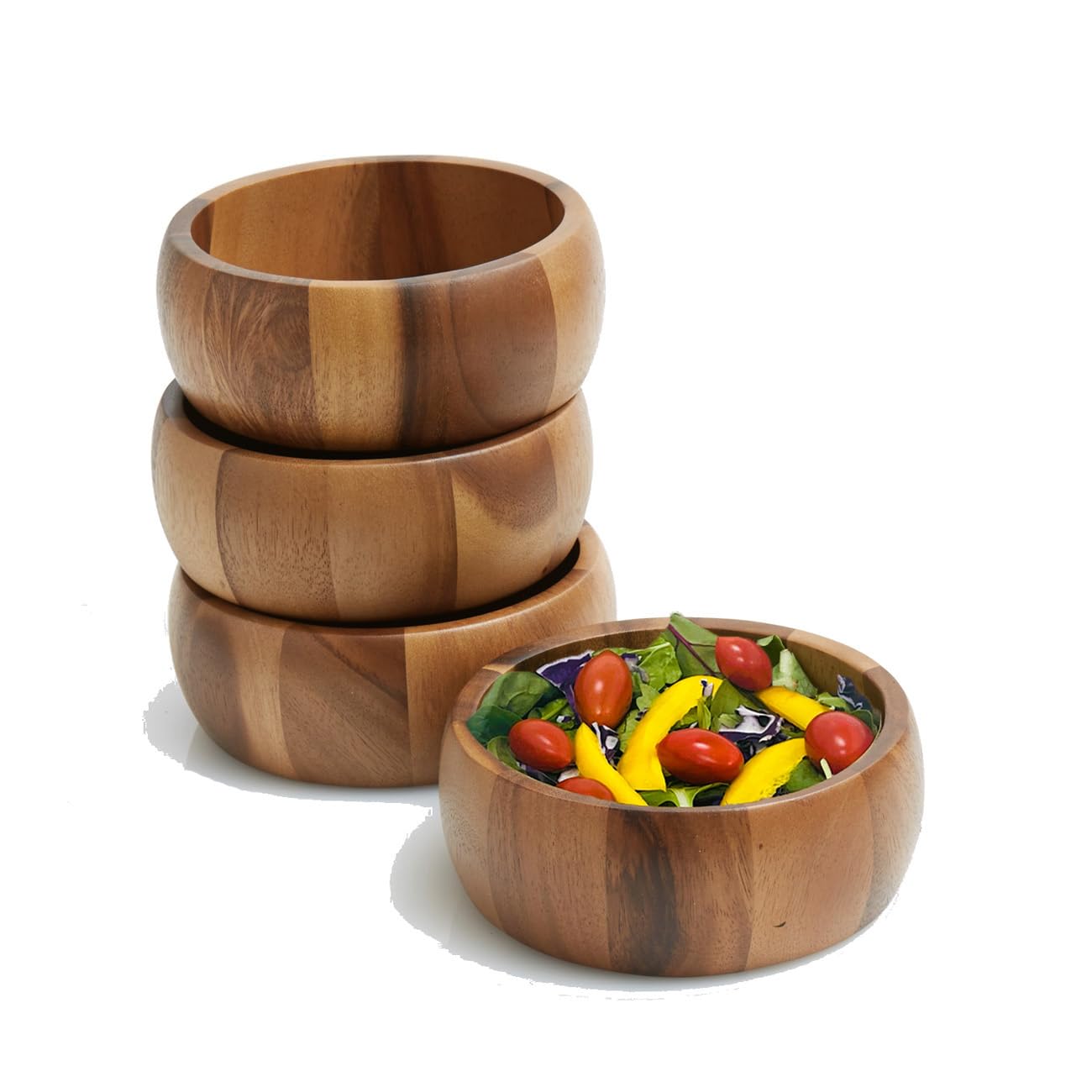 Woodard & Charles Set of 4 Acacia Wood Large Individual Salad Bowls, Snack Serving Bowls, 6 1/2" x 2 1/2"