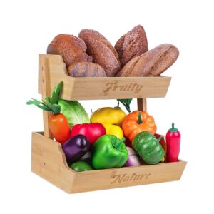 lunavita 2 tier bamboo fruit basket, fruit stand, large fruit vegetable storage for kitchen countertop,fruit holder for vegetables, bread,drinks, snack storage and display